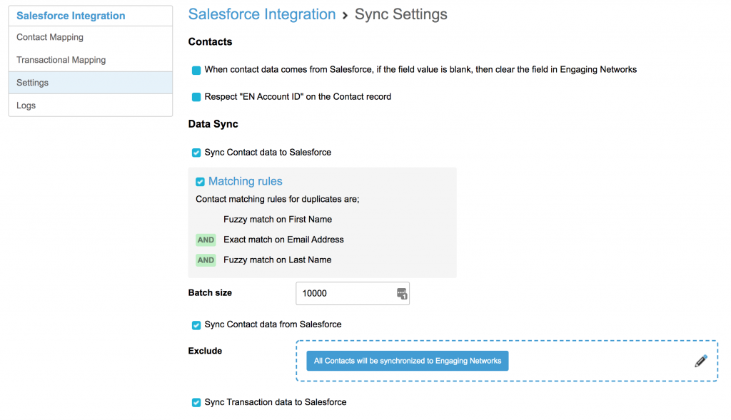 Salesforce Connector – Sync Settings
