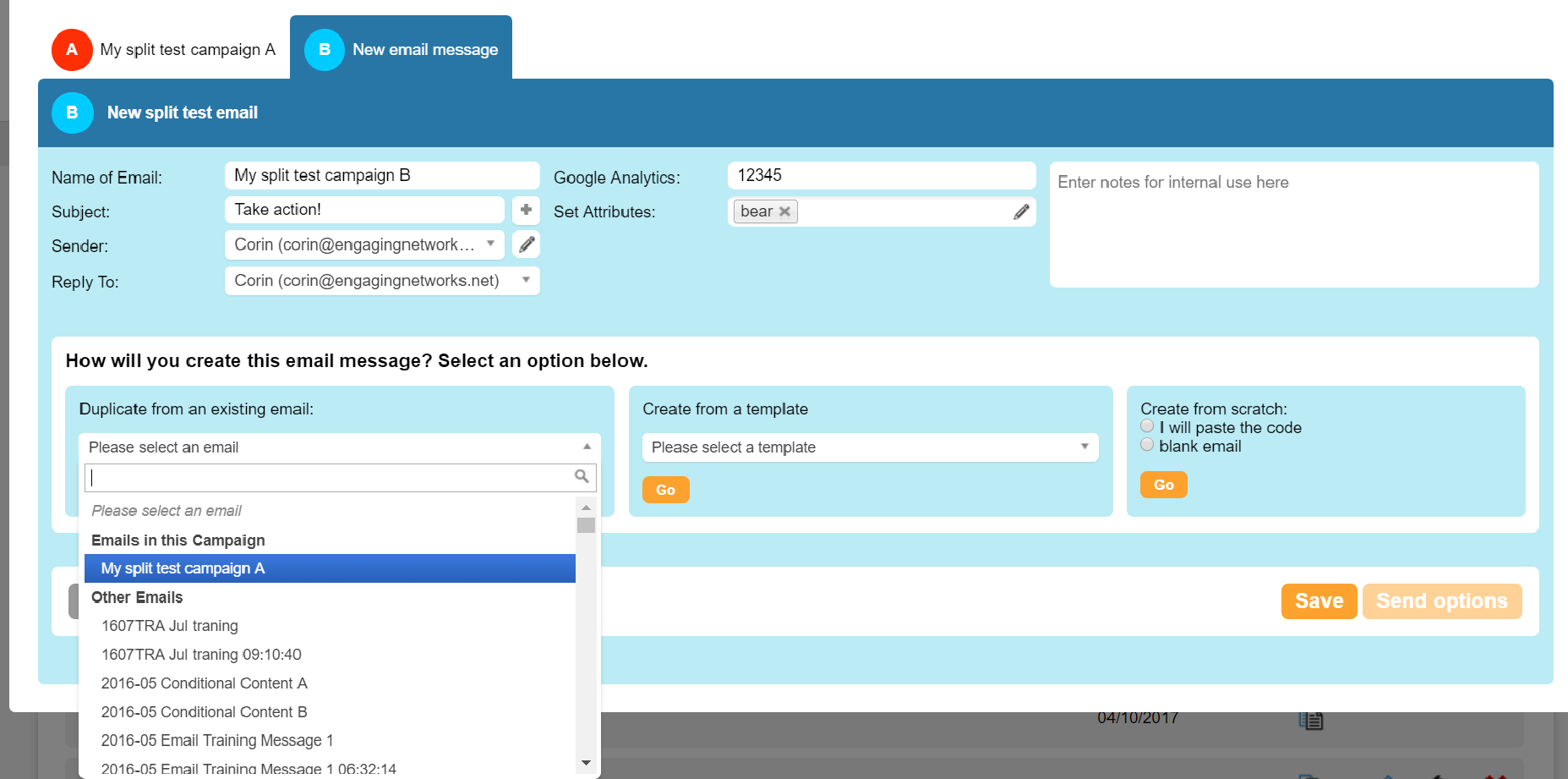 Split test email campaigns