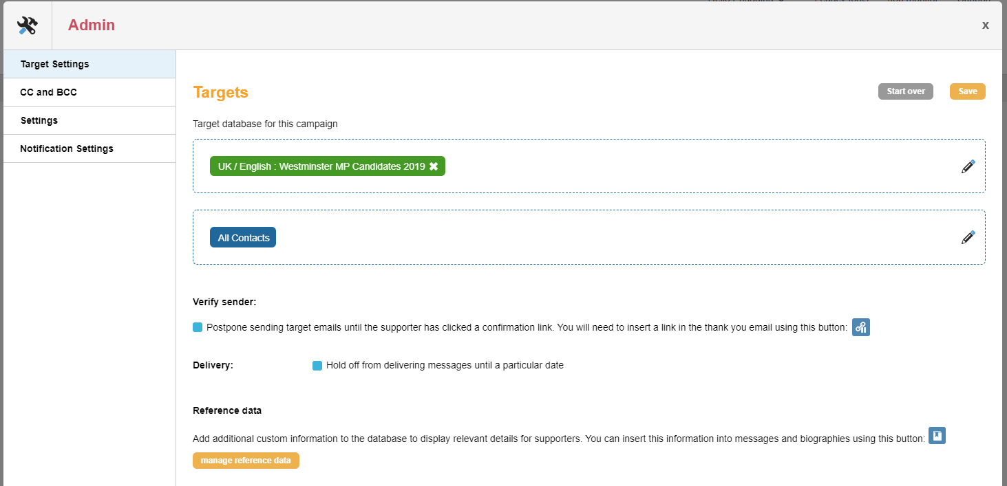 Target settings (Email to target)