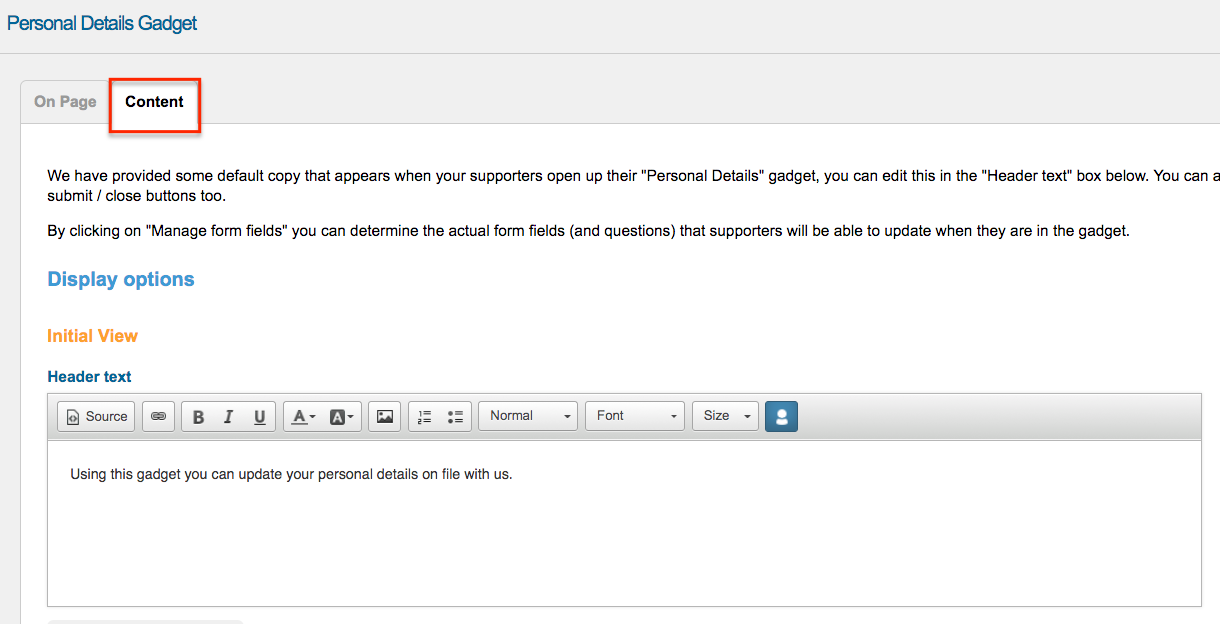 Supporter Hub: Personal Details Gadget