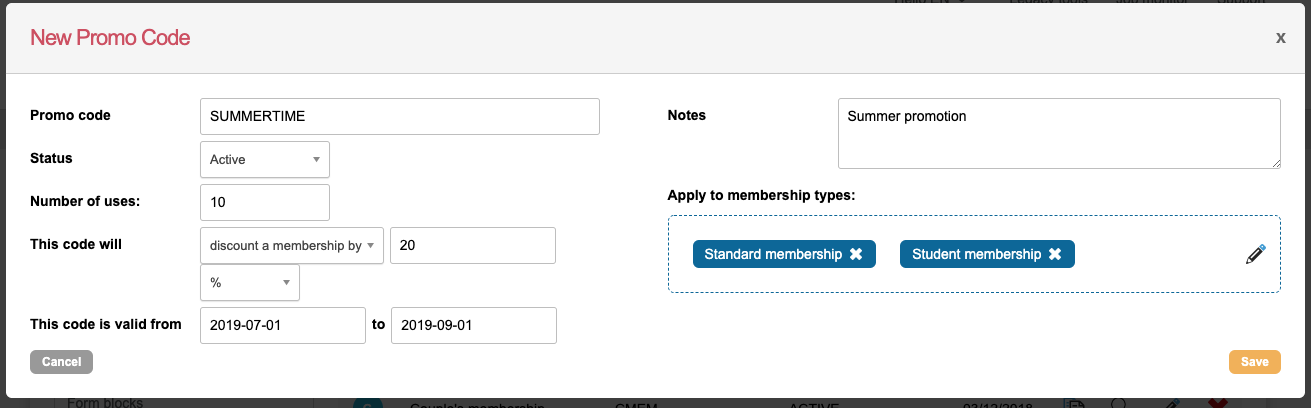 Components – Membership types and promotional codes